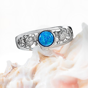 Sterling Silver Opal Two Sea Turtles Tapered Wedding Ring Eternity Band for Women, Hawaiian Island Tropical Ocean Jewelry Gemstone, Gift Box Included (Blue Opal, 8)