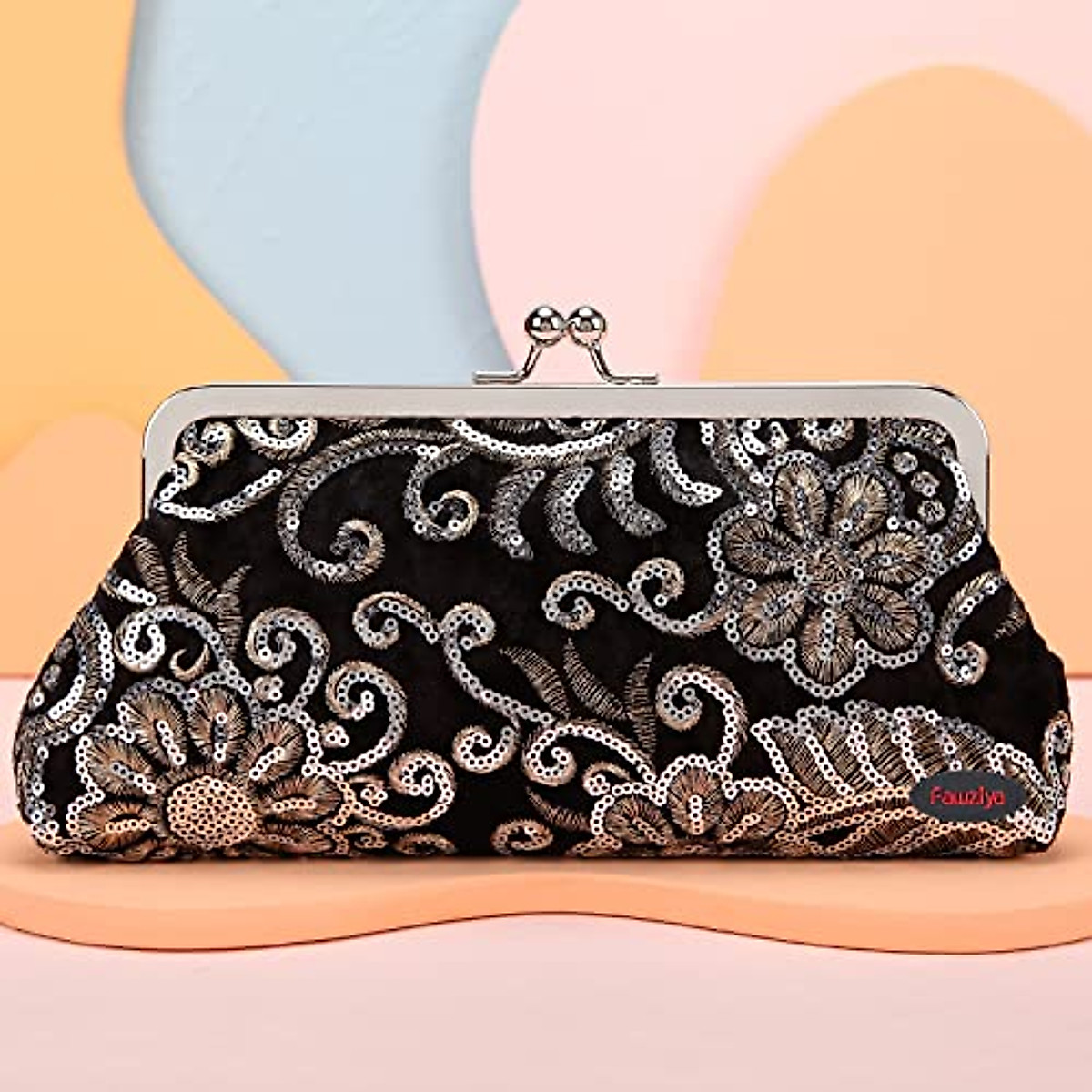 Fawziya Clutch Evening Bags Sequin Velvet Embroidered Kiss Lock PursesKiss Lock Evening Bag-Black
