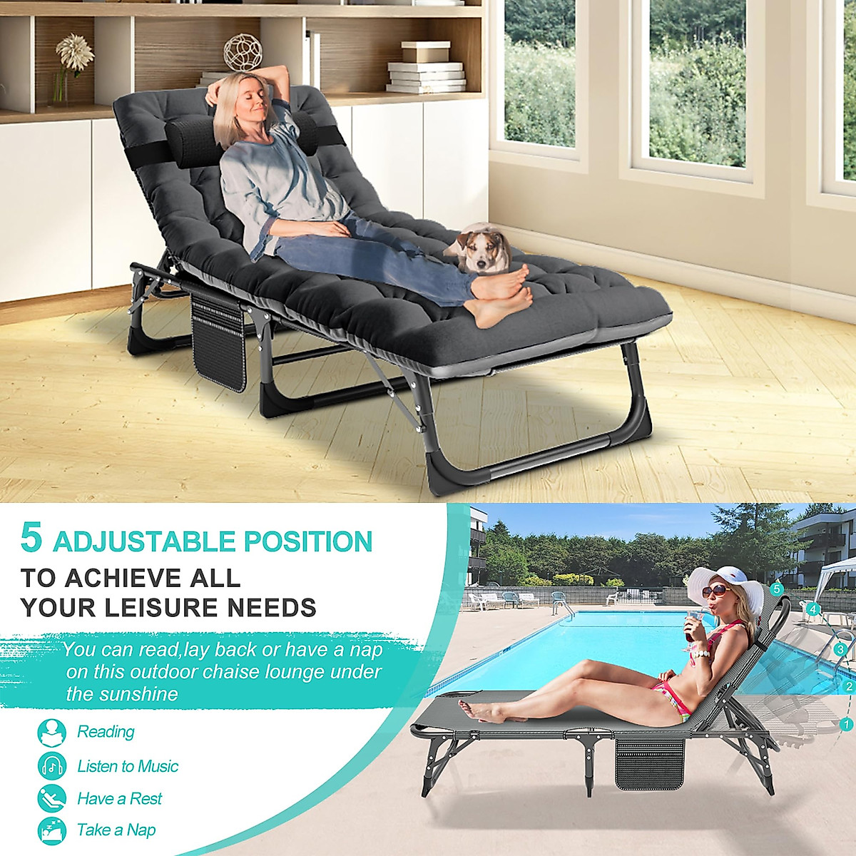 ABORON Adjustable Recliner Patio Chair with Mattress, 3in1 Heavy Duty Outdoor Lawn Garden Lounge Chair, Oversized Folding Portable Camping Chair (Recliner Chair, Atramentous Bed & Black Pad)