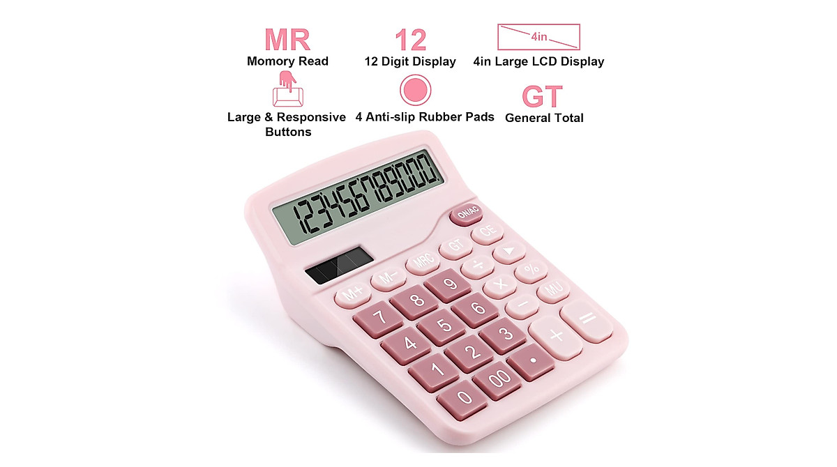 Pink Office Desk Calculator with 12-Digit LCD Display | Tocorpie