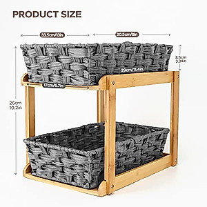 TCJJ 2-Tier Woven Baskets for Storage, Under Bathroom/Kitchen Sink Organizers and 2 Sliding Storage Bamboo Tray Bathroom Kitchen Pantry Medicine Cabinet Counter(Grey) (SBBH)