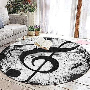 Large Round Area Rug Home Bedroom Decor Mat Modern Non Slip Circular Bathroom Rugs Outside Carpet Compatible with Gunge Black & White Music Notes 24inch(60cm)