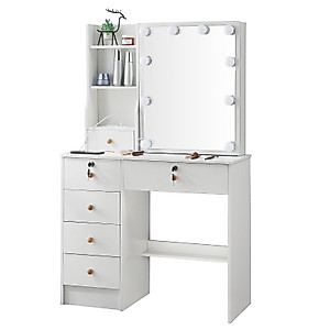 Makeup Vanity Dressing Table with Drawers and Lighted Mirror, White Vanity Set Dresser Desk and Cushioned Stool (US1905)