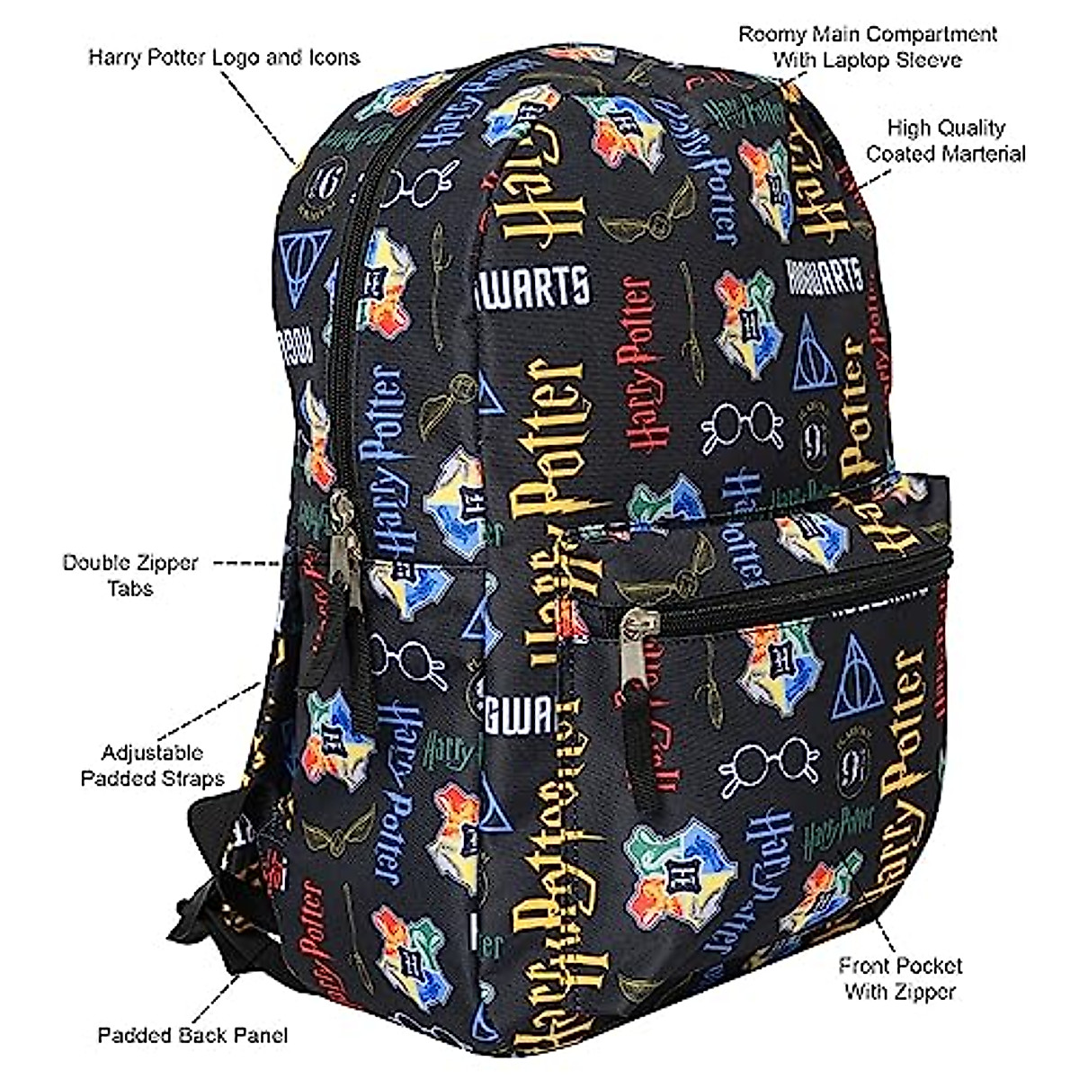 Harry Potter 16" Laptop Backpack Bag Hogwarts Crest All Over Print Cargo