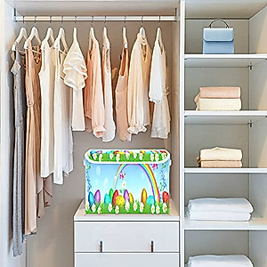 Kigai Spring Rainbow Easter Eggs Storage Basket with Lid Collapsible Storage Bin Fabric Box Closet Organizer for Home Bedroom Office 1 Pack