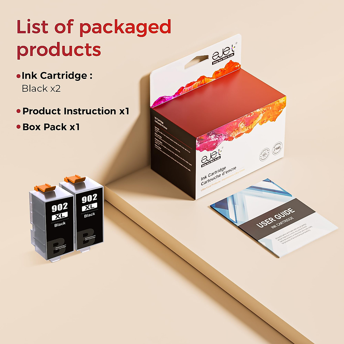 ejet 902XL 902 XL Compatible Ink Cartridge(Newest Chips) Replacement for HP 902 Black 902XL 902 XL to use with OfficeJet Pro 6968 6978 6958 6962 6954 6960 6970 6979 6950 Printer (2 Black)