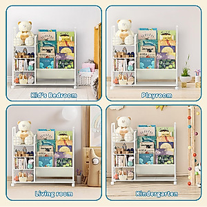 Livilord Kids Bookshelf and Toy Organizer, 3 Tier Bookshelf for Kids, Large Capacity Removable Book Shelf for Kids Rooms, Bedroom, Playroom, Nursery, Metal Toy Storage Organizer with Bookshelf, White
