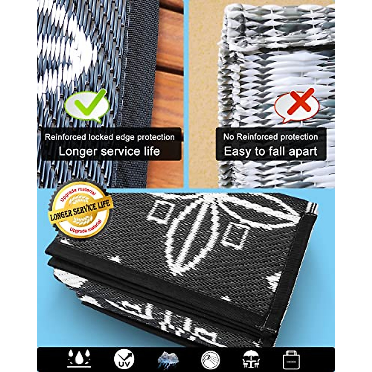 HICOOE Plastic Straw Outdoor Rugs for Patio Clearance 5x7' Waterproof Outside Rug Modern Indoor Area Mats for Deck Rv Porch Beach Trailer Floor Balcony Backyard Camping (Black & White)