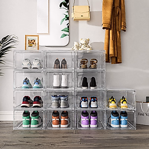 FUNLAX Shoe Storage Boxes, 6 Pack Stackable Shoe Organizer Box Clear Plastic Shoe Boxes with Magnetic Side Door up to US Size 13 Space-saving Shoe Container for closet