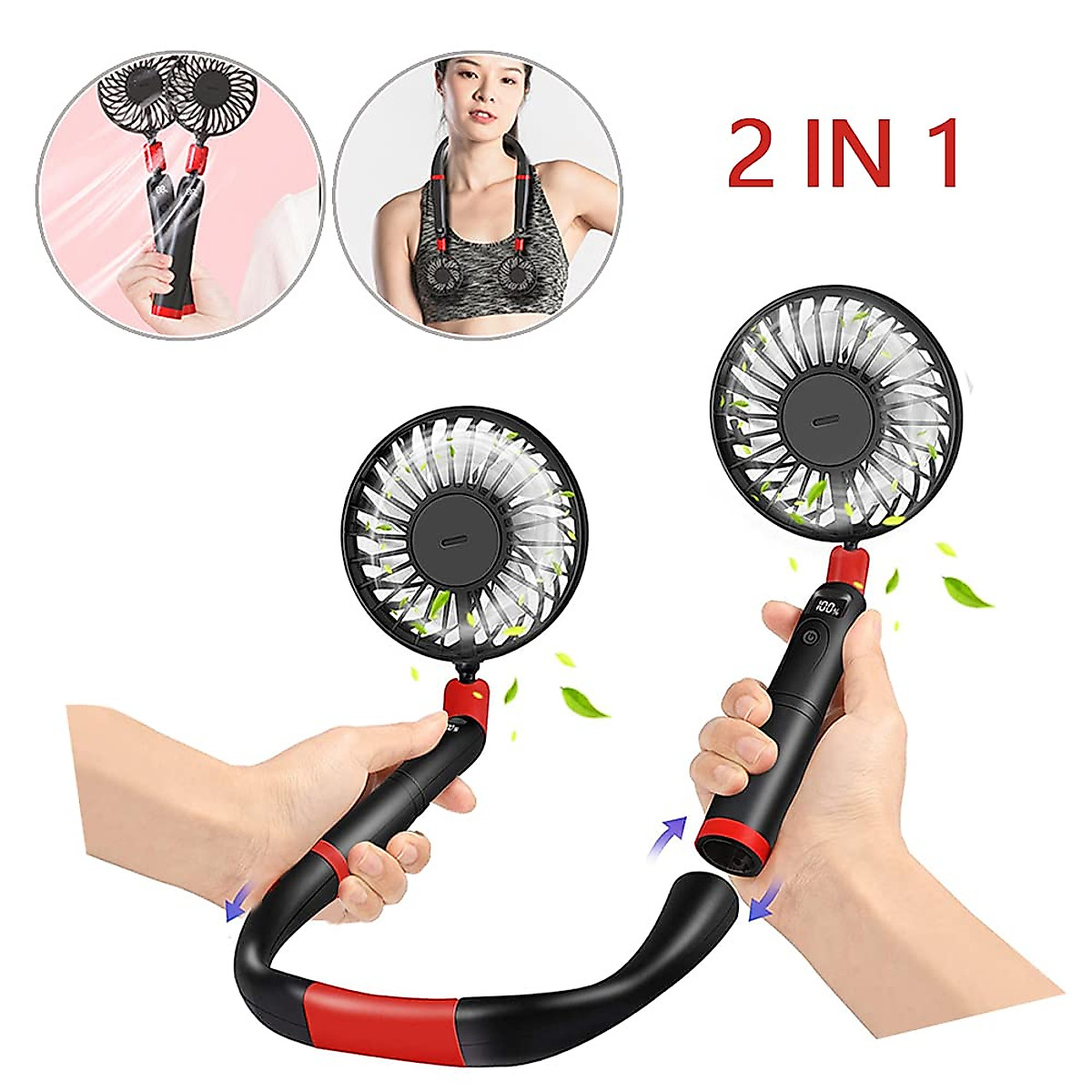 Howkes Handheld and Neck Fans, 2 in 1 Hand and Wearable Fan, 4000 mAh Battery, USB Charge, 3 Speed with Display Screen, (Black Red)