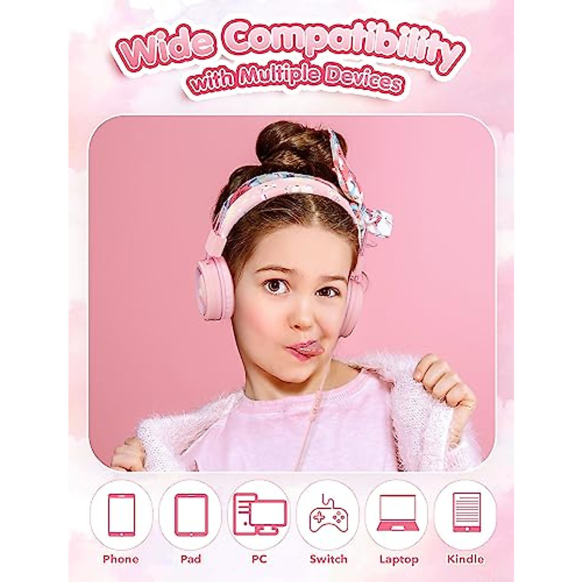SIMJAR Unicorn Headphones with Microphone for School, Unicorn Rubber Band Included, Volume Limiter 85/94dB, Wired Foldable Girls Headphones for Online Learning/Travel/Tablet/iPad (Pink)