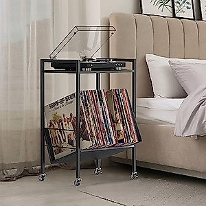 YBING Record Player Stand Black Record Player Table with Storage Up to 80 Albums Turntable Stand with Record Storage with Metal Frame and Wheels for Living Room Bedroom Office