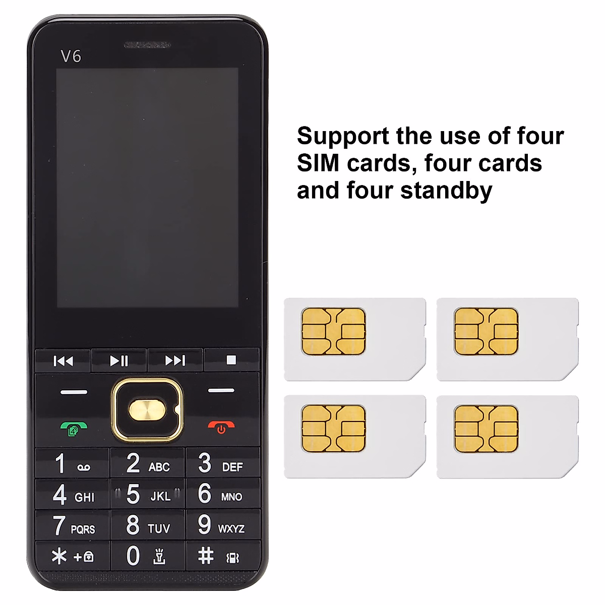 PUSOKEI V6 2G GSM Unlocked Cell Phone,2000mAh battery Long Standby Seniors Cell Phone,2.8in HD Screen Four Cards Four Standbys Cellphone for Elderly and Kids(black)