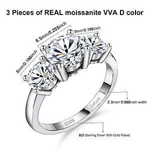 sheborn 2 ct Moissanite Rings for Women 3 Stone Band Engagement Ring 925 Sterling Silver 18K White Gold Plated Ring D Color VVS1 Round Cut Anniversary Wedding/Promise Ring for Her