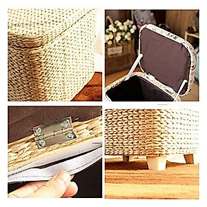 ALDEPO Shoe Cabinet Ottoman Storage Boxes Handmade Straw Solid Wood Shoe Changing Stool Multifunctional Rattan Footstool Healthy and Clean Dual Use Footstool for Home Closet Bedroom