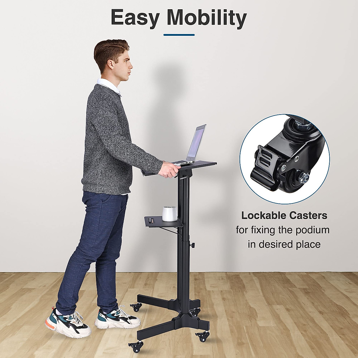 Yescom Mobile Podium Portable Rolling Lecterns Standing Laptop Cart Desk with Storage Tray Height Adjustable Classroom Home Office