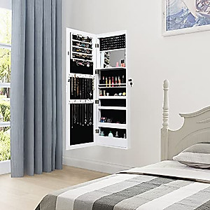 COSTWAY 12 LEDs Jewelry Cabinet, Wall/Door Mounted Jewelry Organizer Cabinet with 53.5” Full Length Mirror & Large Storage Capacity, Lockable Mirror Jewelry Armoire for Women Girls (White)