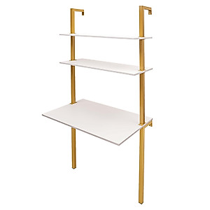 AOOCHU Wall Mounted Desk Computer Writing Table Wall Mount Ladder Small Computer Desktop 3Tier Computer Desk Storage Desk Cabinet with Power Strip for Home Office Student Dormitories (Gold, White)