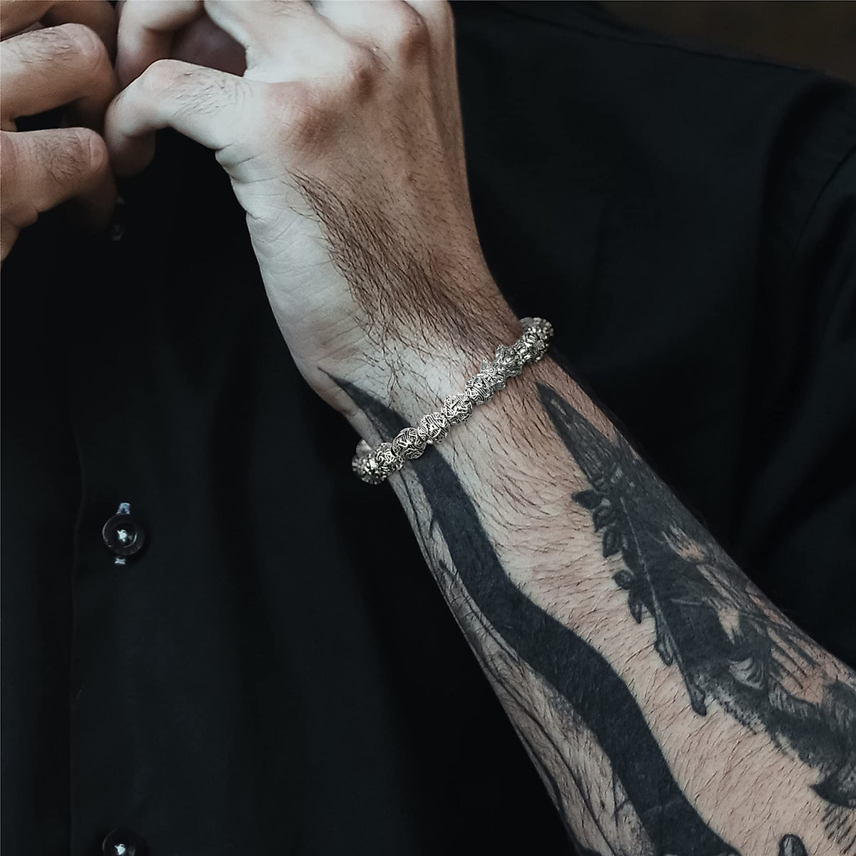 ZenBless Fengshui Prosperity Bracelet Natural Bead Bracelet 8MM Single Silver Pi Xiu/Pi Yao Attract Wealth Health and Good Luck