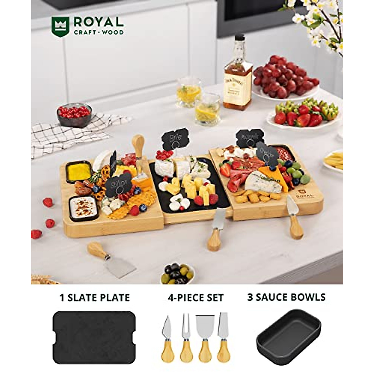 Extra Large Bamboo Charcuterie Boards - Large Charcuterie Board Set w/ 3 Sauce Bowls, 4 Knives & Slate Plate - Unique Cheese Board & Serving Tray with Charcuterie Accessories - Ideal Housewarming Gift
