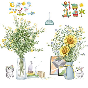 Sunflower Vase Plants Wall Sticker Cute Cat Rabbit Decor, Removable Daisy Flower Green Leaf Wallpaper Decals, AUHOKY Garden Potted DIY Art Mural for Living Room Bedroom Kitchen Nursery Home Decoration