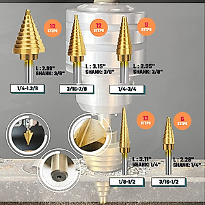 Step Drill Bit Set, Step Bit for Metal 6PCS, Titanium High Speed Steel 50 Sizes (1/8''-1 3/8'') with Automatic Center Punch and Aluminum Case, Multiple Hole Stepped Up Bits for DIY Lovers