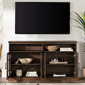Walker Edison Classic Glass Door Universal TV Stand for TV's up to 64" Flat Screen Living Room Storage Cabinet Doors and Shelves Entertainment Center, 16"D x 58"W x 33"H, Dark Walnut