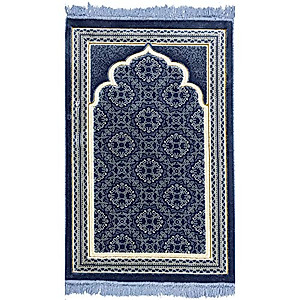 Modefa Turkish Islamic Prayer Rug - Soft Velvet Janamaz Praying Carpet - Comfortable Muslim Praying Mat for Men & Women - Ramadan or Eid Gift - with Kufi Prayer Cap - Elegant Swirl (Blue)