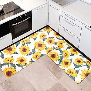 RosieLily Sunflower Kitchen Rugs and Mats Sets of 2 Anti Fatigue Floor Mat Waterproof PVC Leather Non Slip Kitchen Mats for Floor Doormat for Kitchen Comfort Standing Mats Area Rugs Carpet Decor