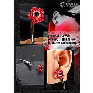 OUFER 2PCS Fake Lobe Earrings, 18G Devil's Eyes Lobe Piercing Jewelry, Fake Devil's Teeth Fake Gauges Faux Plug Taper 3D Devil's Flowers Body Piercing Jewelry For Women And Men