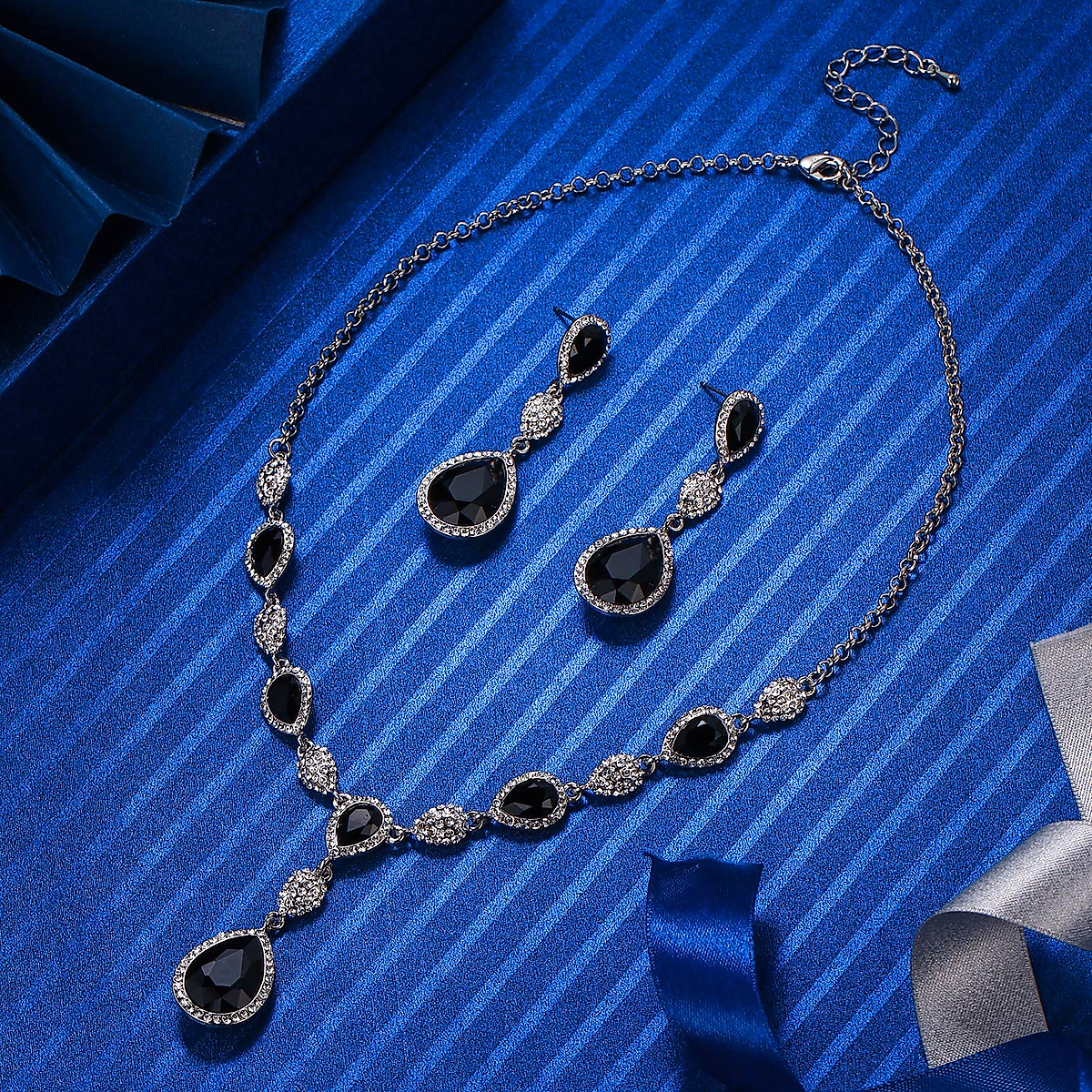 EleQueen Women's Cubic Zirconia Teardrop Y-Necklaces Dangle Earrings Sets for Brides Bridesmaids Black Silver-Tone