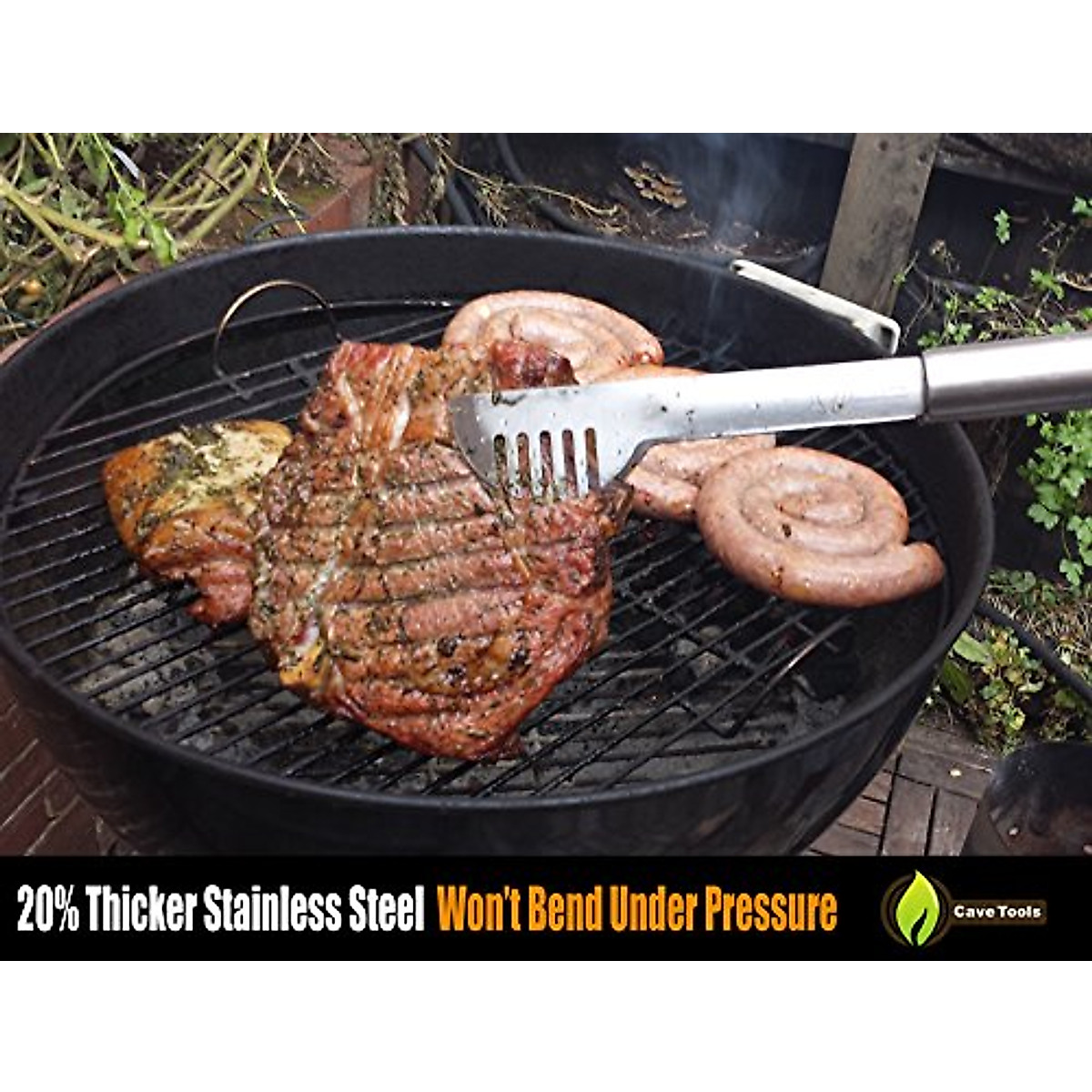 Cave Tools 17" Long Handle Stainless Steel Grill Tongs with Locking Bracket - BBQ Grill Accessories