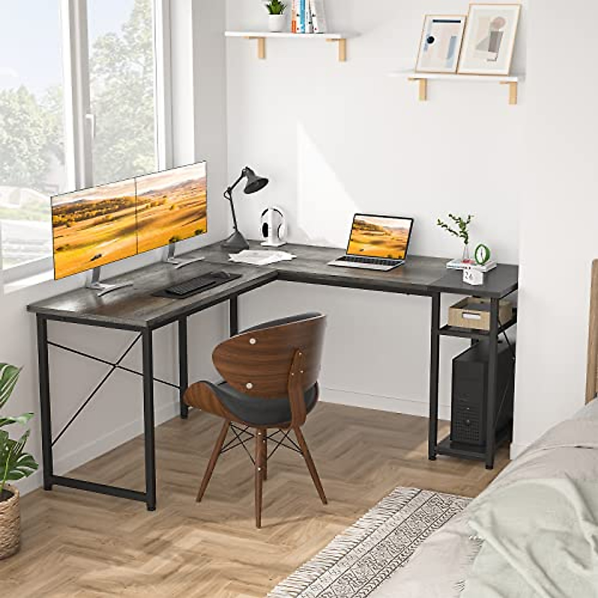 Ecoprsio L-Shaped Desk Large L Shaped Gaming Desk with Storage Shelves Oak Corner Desk Writing Study Table for Home Office Gaming Workstation, Oak and Black