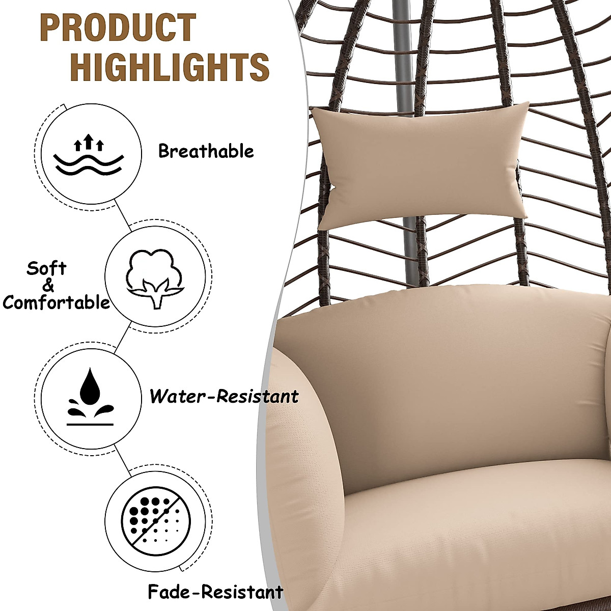 Delnavik Egg Chair with Stand Hammock Chair Wicker Rattan Patio Hanging Egg Chair, Indoor Outdoor Swing Egg Chair with Cushion Headrest for Patio Bedroom Porch Garden Balcony, Sand