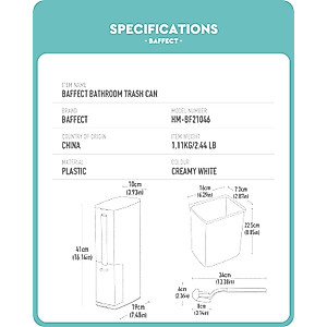 Baffect 2 Liter White Slim Bathroom Trash Can with Lid and Toilet Brush Holder
