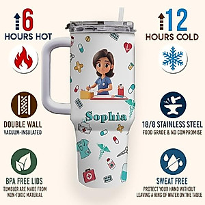 Personalized Nurse Tumbler 40oz -nurse handwriting analyst-Custom Name Insulated Travel Mug with Handle & Straw, Gift for Nurses, Medical Workers, Appreciation, Mother's Day bDppcx