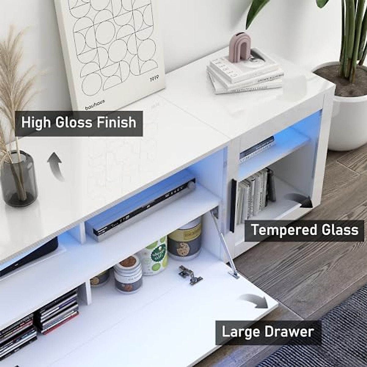 chartustriable 70 Inch Modern TV Stand with Music Sync LED Lights for 75 Inch TV, High Gloss Entertainment Center with Storage Cabinet, TV Media Console for Living Room Bedroom(White)