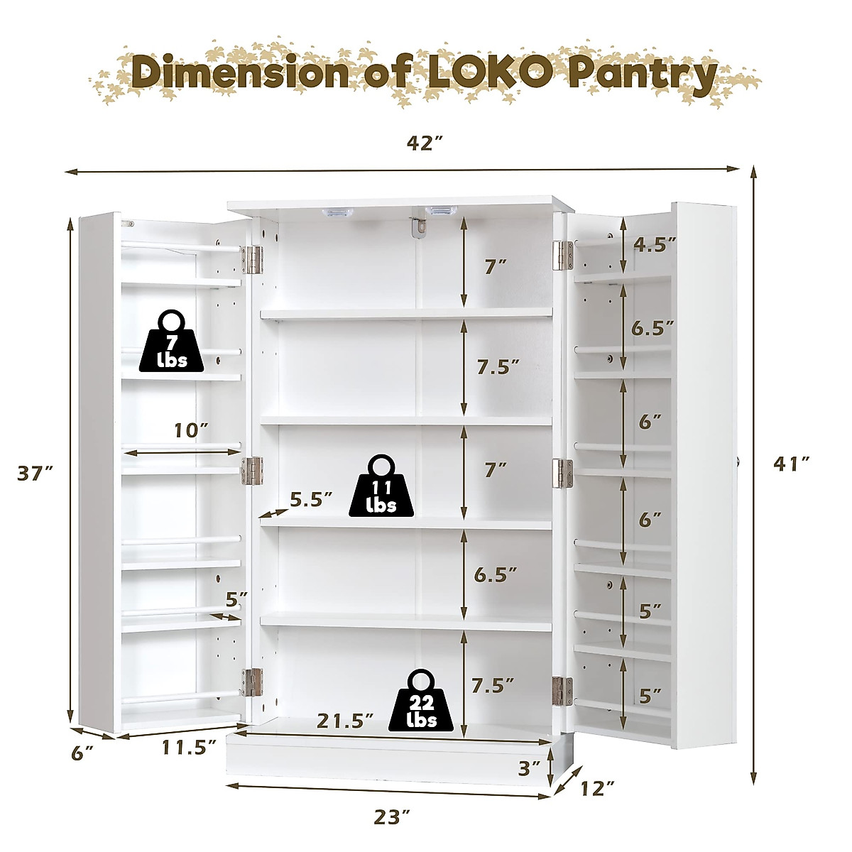 LOKO White Pantry Cabinet, Multifunctional Floor Storage Cabinet with Adjustable Shelves and Anti-toppling Device, Compact Kitchen Cupboard with Double Doors, 23 x 12 x 41 inches