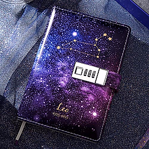 CAGIE Starry Constellation Lock Diary Set Gift Box with Pen & Tapes for Kids Girls Boys Women Combination Lock Journal Notebook Best Luxury Travel Writing Diary for Anniversary Birthday Holiday （Leo）