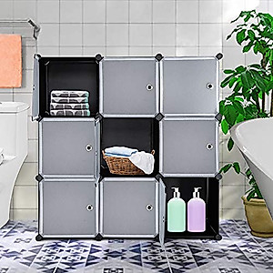 VINGLI Cube Storage, 9 Cubes Organizer Shelves Plastic Closet Cabinet, DIY Modular Storage Cube Organizer w/White Doors for Bedroom Living Room Office, Black