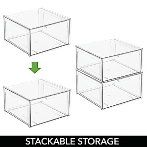 mDesign Plastic Stackable Kitchen Storage Organizer Bin Containers with Front Pull Drawer for Cabinet, Pantry, Fridge, Freezer, Shelf, Refrigerator Organization - Lumiere Collection - Clear
