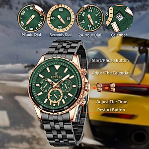 REWARD Mens Wrist Watches Fashion Round Dial Business Date Chronograph Luminous Waterproof Big Face Watch for Men Green Black
