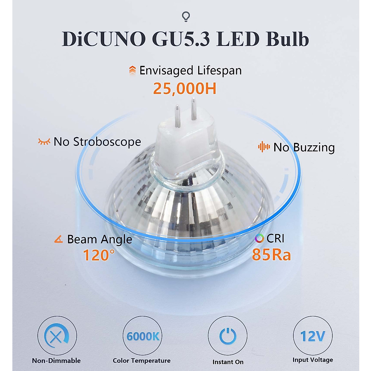 DiCUNO MR16 LED Bulbs 50W Halogen Equivalent Non-Dimmable 12V AC/DC, GU5.3 Bi-Pin Base Daylight White 6000K 5W Glass Cover 120° Beam Angle 500LM for Recessed, Track, Accent Lights, 10 Packs