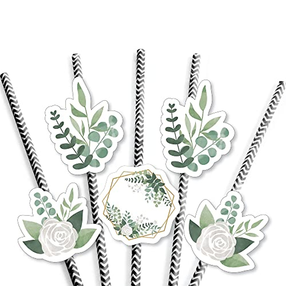 Big Dot of Happiness Boho Botanical - Paper Straw Decor - Greenery Party Striped Decorative Straws - Set of 24