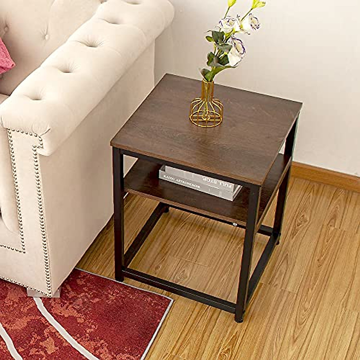 Coral Flower Nightstands Set of 2, 2-Tier Side Table Industrial End Table for Small Space in Living Room, Bedroom and Balcony, Stable Metal Frame, Dark Oak