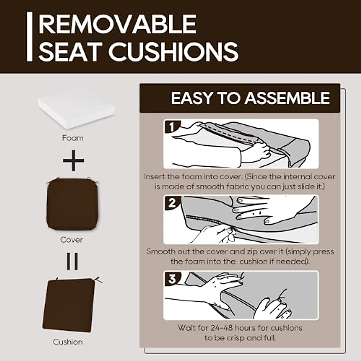 LOVTEX 19x19 Outdoor Chair Cushions Set of 2, Waterproof Patio Cushions for Outdoor Furniture with Removable Cover, Thick Outdoor Seat Cushions for Chairs with Straps and Portable Handle(Brown)