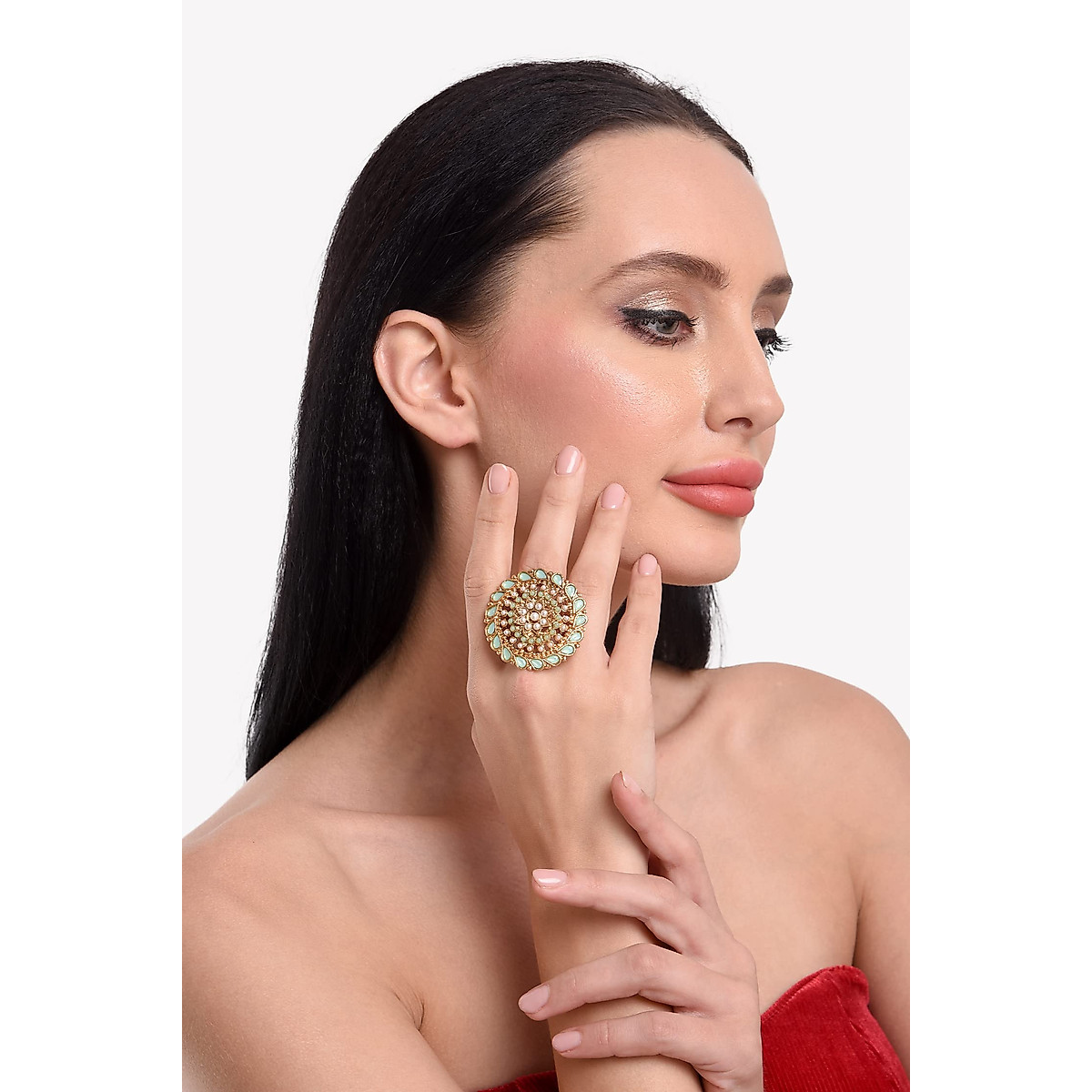 Efulgenz Indian Jewelry Rings for Women Crystal Kundan Rings for Women Antique Round Faux Pearl Crystal Kundan Bollywood Adjustable Big Finger Ring for Women