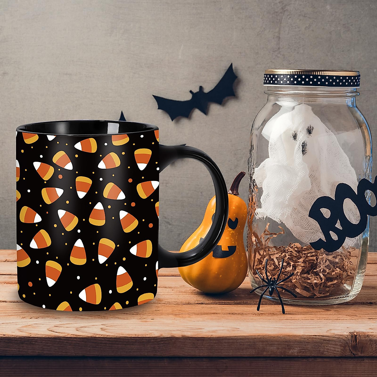 Whaline Halloween Mug 12oz Candy Corn Coffee Mug Candy Corn Black Ceramic Drinking Mugs Halloween Party Cups for Home School Office Table Centerpieces Housewarming Gift