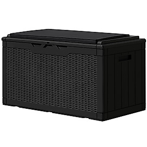 GUNJI 100 Gallon Resin Deck Box with Cushion,Outdoor Weatherproof Large Storage Box,Lockable Storage Container for Patio Furniture,Garden Tools,Pool Supplies (Black)