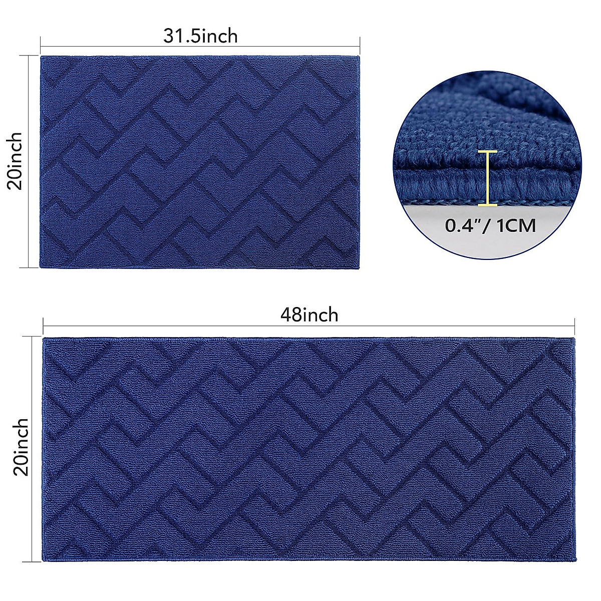 hicorfe Kitchen Rugs and Mats Sets,2 Pieces Super Absorbent Polypropylene Non-Slip Rug,Soft Comfort Floor Mat,Washable for Kitchen,Hallway,Office,Sink,Laundry(20" x 31.5"+20" x 48",Navy Blue)